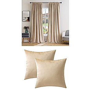 MIULEE Camel Beige Velvet Curtains Thermal Insulated Blackout Curtain Set of 2 and Pack of 2 Velvet Soft Solid Decorative Square Throw Pillow Covers 18 x 18 Inch Beige