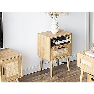 Labcosi Mid Century Modern End Table, Natural Rattan Nightstand with Charging Station, Wooden Bedside Tables for Living Room and Bedroom, Natural Wood Side Table with Storage Drawer