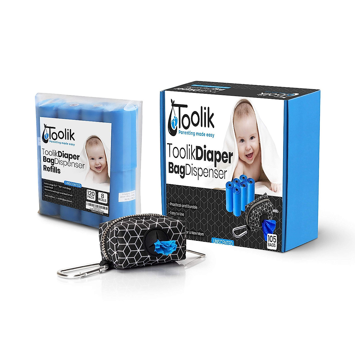 Toolik Diaper Bag Dispenser with 225 Disposable Unscented Waste Bags (15 Refill Rolls) for Baby and Toddler Poop or Dirty Clothes, Essential for Travel and Quick Change on The Go, Bundle