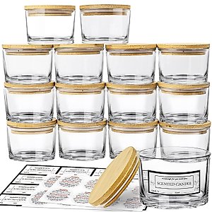 CONNOO 15 Pack 4 OZ Clear Glass Candle Jars with Airtight Bamboo Lids for Making Candles, Bulk Small Wide Mouth Empty Candle Containers with Sticky Warning Labels - Dishwasher Safe