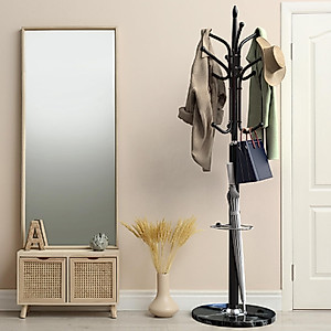 Durmmur Metal Coat Rack Freestanding, Coat Hanger Stand With Natural Marble Base, Standing Coat Rack With Umbrella Holder, Hall Tree With 12 Hooks For Clothes, Hats, Scarves, Entryway(Black)