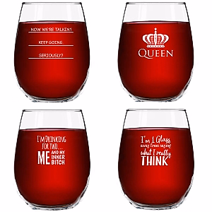 Funny Stemless Wine Glasses Set of 4 (15 oz)- Funny Novelty Wine Glassware Gift for Women- Party, Event, Hosting Fun- Wine Lover Wine Glass with Funny Sayings