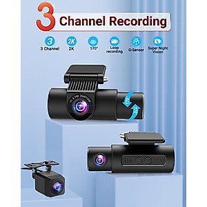 3 Channel 2K Dash Cam, 2K+1080P Dash Camera Front and Rear 360 Dual Dash Cam Built in WiFi 2K+1080P+1080P Three Way Triple Car Camera Night Vision Loop Recording Parking Monitor Support 128GB Max