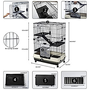 4-Tier 32" Small Animal Metal Cage Height Adjustable with Lockable Casters Grilles Pull-Out Tray for Rabbit Chinchilla Ferret Bunny Guinea Pig Squirrel