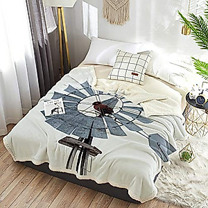 Litter Star Sherpa Fleece Throw Blanket Fluffy Fuzzy Cozy Flannel Plush Blankets Farm Windmill Reversible Soft Warm Bed Throws Farmhouse Blanket for Couch,Sofa,Travel