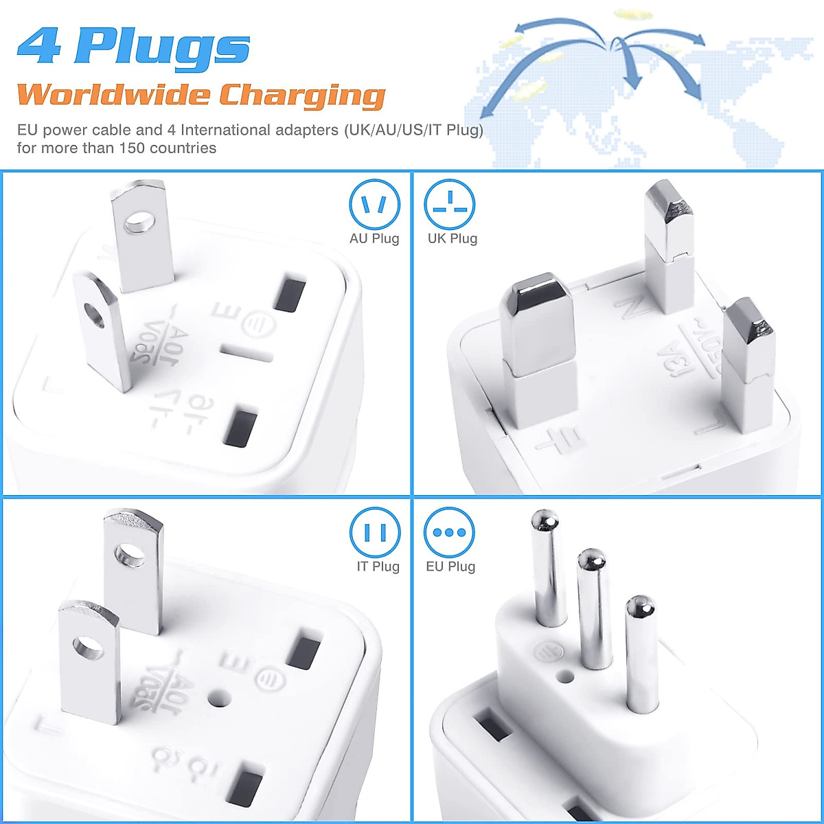 Travel Adapter Universal 220V to 110V Voltage Converter with 4-Port USB International Power Step Down UK/AU/US/EU Worldwide Plug Adapter