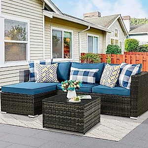 YIYAN Outdoor Patio Ottoman PE Rattan Footstool Ottoman for Backyard All Weather Outdoor, Wicker Rattan Outdoor Ottomans Footrest Seat for Side Table (Tempered Glass)