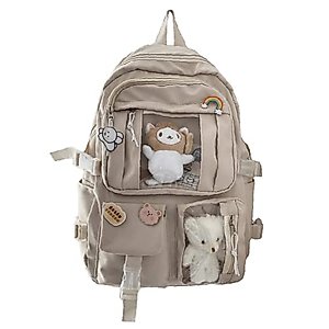 Kawaii School Canvas Backpack with Cute Kitty and 2 Bear Pendants Pins Accessories Laptop Daypack Aesthetic Backpacks Schoolbag Back To School Supplies (Khaki)