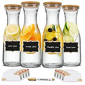 Set of 4 Glass Carafe Pitchers, Beverage Dispensers with Bamboo Lids, 35 OZ Clear Glass Pitcher for Mimosa Bar, Wine, Iced Tea, Lemonade, Milk and Juice