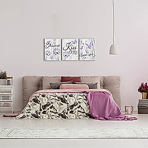 Kalormore Bedroom Picture Decoration Fancy Purple Dandelion Butterfly with Elegant Always Kiss Me Goodnight Painting Rustic Grey Wooden Textured Giclee Canvas Wall Art Decor Ready to Hang