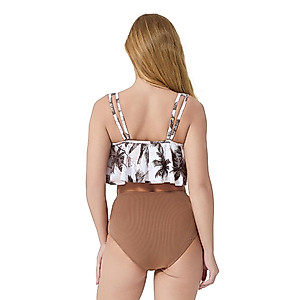 PATPAT Matching Family Swimsuits Tropical Two Piece Mommy and Me Bathing Suits Hawaiian Palm Leaf Brown Coconut Print Beach Vacation Matching Swimsuits for Couples Bikini Beachwear Sets for Women L