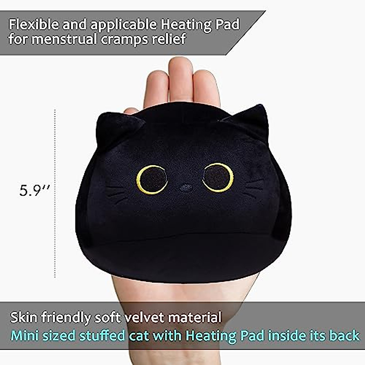 CRIMMY Heating Pad for Period Menstrual Cramps Pain Relife, Cute Small Portable Heat Pads for Travel, Mini Stuffed Animal USB Electric Hot Pack for Back Neck Eyes Hands (Black cat)