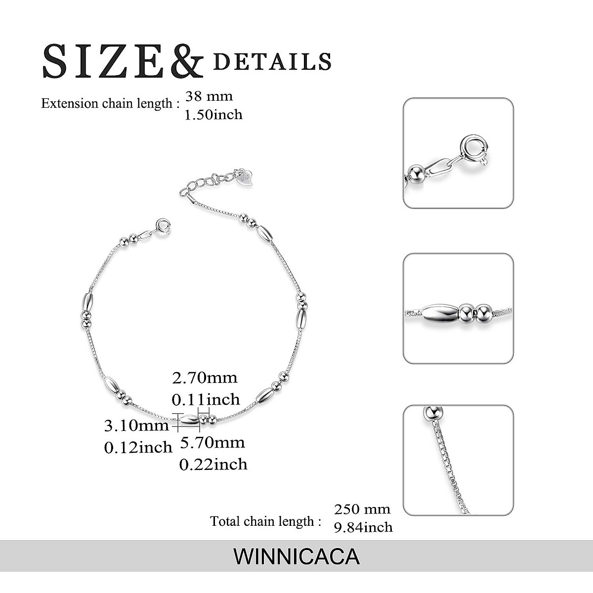 WINNICACA Anklets for Women Sterling Silver Ankle Bracelets for Women Adjustable Beaded Anklet Womens Ankle Bracelet Boho Beach Jewelry Gifts for Women Her Sister Friend Birthday Holiday Gifts