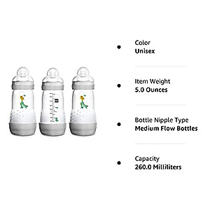 MAM Easy Start Anti-Colic Bottle, Baby Essentials, Medium Flow Bottles with Silicone Nipple, Unisex Baby Bottles, Designs May Vary, 9 oz (3-Count),