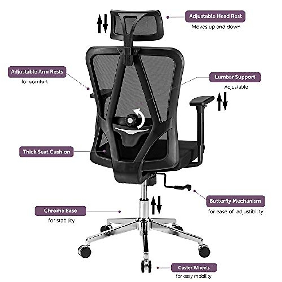 Halter Ergonomic Office Chair with Lumbar Support, Executive Mesh Desk Chair Computer Chair with Swivel, Headrest, and Armrests, Height Adjustable Comfortable Task Chair with Rolling Casters, Black
