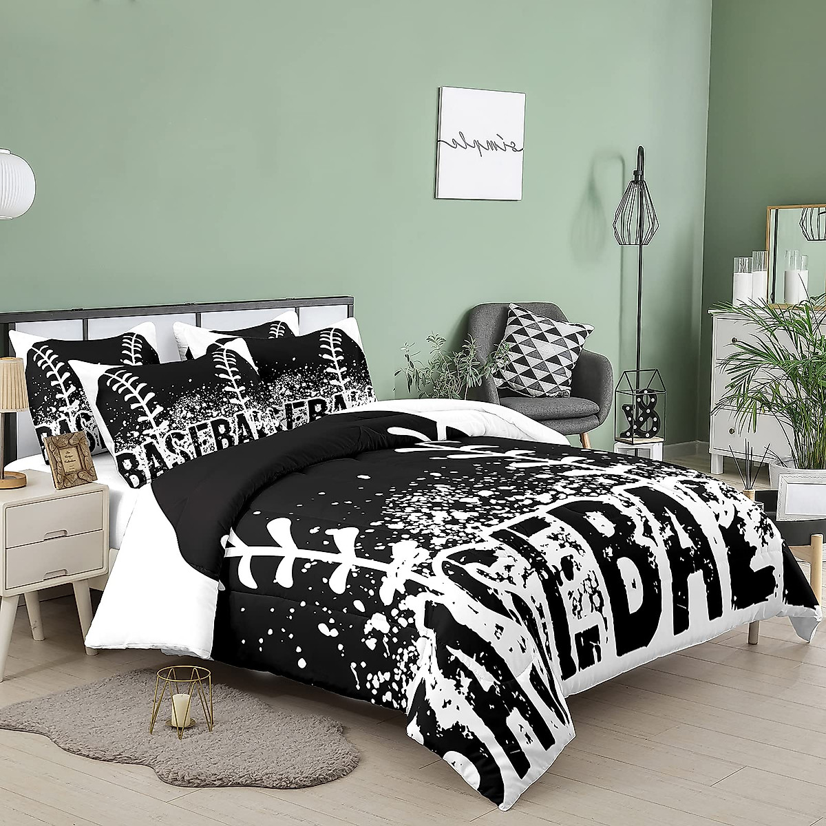Bodhi Black and White Comforter Set,Sports Bedding Set for Boys Kids,Boys Baseball Bedding Full Size,Kids Comforter Set with Pillowcases,Teen Boys Bedding Set Full Size