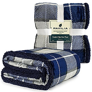 PAVILIA Premium Plaid Sherpa Fleece Throw Blanket | Super Soft, Cozy, Plush, Lightweight Microfiber, Reversible Throw for Couch, Sofa, Bed, All Season (50 X 60 Inches Navy Blue)
