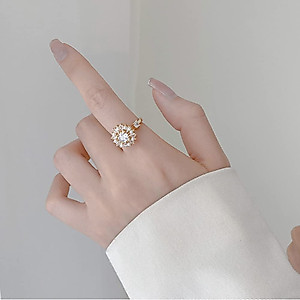 Rotatable Pearl Flower Round CZ Anti Anxiety Statement Adjustable Wrap Open Rings for Women 14K Gold Plated Cubic Zirconia Crystal Stress Relief Fidget Spinner Ring Dainty Expandable Stacking Worry Knuckle Snowflake Rings Fashion Jewelry Gifts Bff Xmas