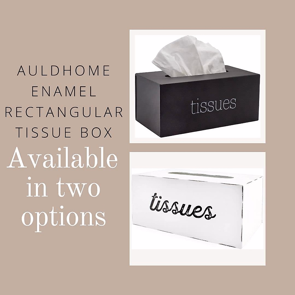 AuldHome Design Rectangular Tissue Box Cover (Black), Modern Farmhouse Style Enamelware Oblong Tissue Cover Holder