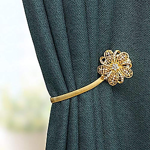 JQWUPUP Magnetic Curtain Tiebacks, Luxury Crystal Blossoms Drapery Holdbacks - Decorative Curtain Tie Backs Clip for Sheer and Blackout Panels (2 Pieces, Gold Yellow)