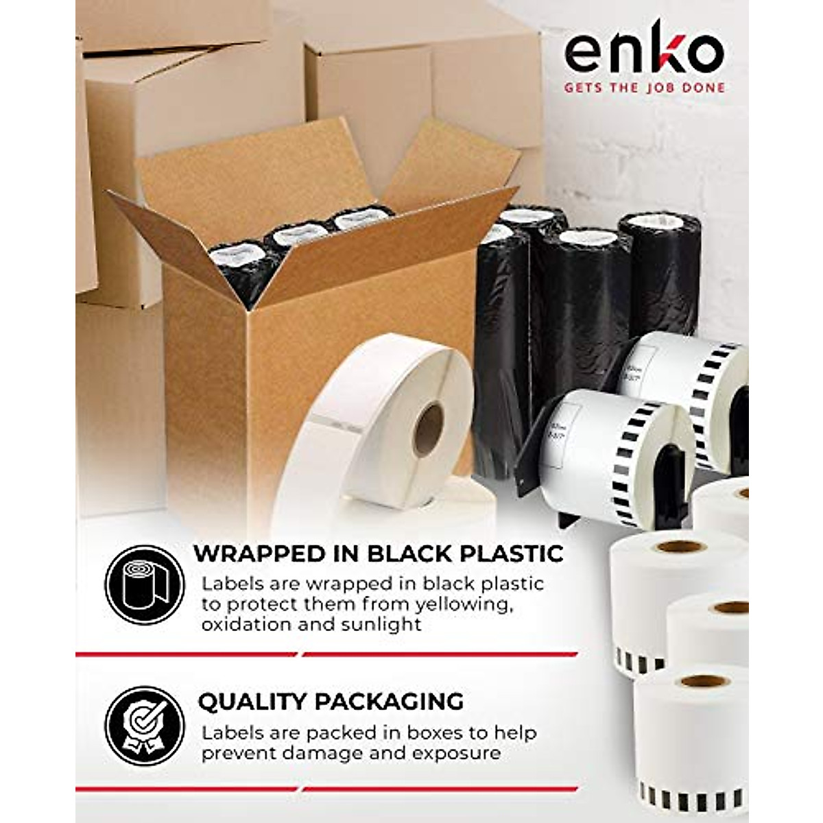 enKo - Compatible DK-2205 Continuous Paper Labels (2.4 Inch x 100 Feet) Compatible for Brother QL Label Printers - 6 Rolls + 2 Refillable Cartridge Frames