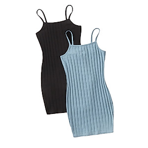 SOLY HUX Girls Summer Cami Dress Sleeveless Spaghetti Strap Rib-Knit Bodycon Slim Fit 2 Piece Dresses Black Blue 10Y