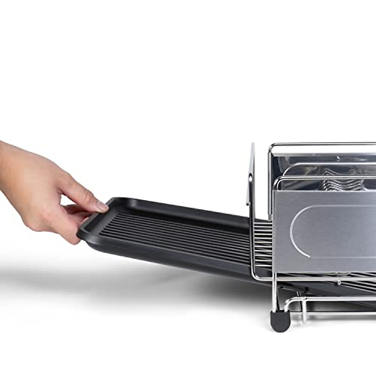 happimess DSH1000A Compact 17.25" Fingerprint-Proof Stainless Steel Dish Drying Rack, Dish Rack with Wine Glass Holder, Utensil Holder, Stainless Steel/Black, Silver/Black