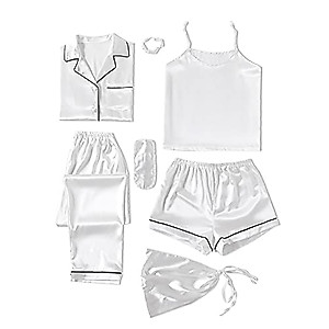 LYANER Women's Pajamas Set 7pcs Silk Satin Sleepwear Loungewear Cami Shirt Pj Set White Small