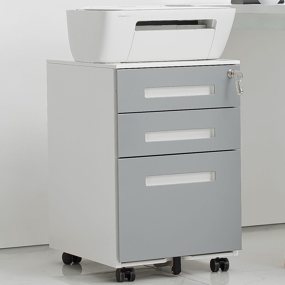 GOOGIC 3-Drawer Mobile File Cabinets, Rolling Metal Vertical Filing Cabinet for Legal & Letter File Anti-tilt Design with Lock Fully Assembled Except Wheel, Gray&White(Style 3)