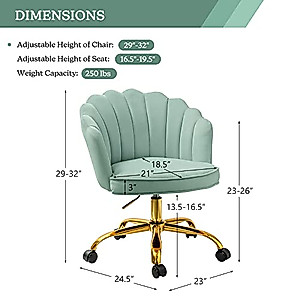 HULALAHOME Velvet Home Office Chair with Gold Base, Womans Modern Cute Shell Back Upholstered Desk Chair for Vanity, Adjustable Swivel Task Chair for Living Room,【SAGE Chair for Desk】
