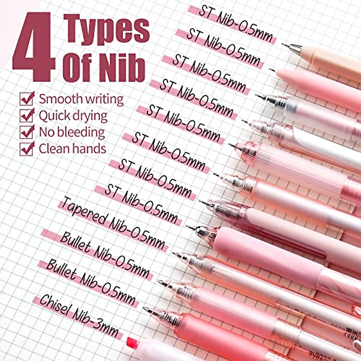 Four Candies 12Pack Pastel Gel Ink Pen Set, 11 Pack Black Ink Pens with 1Pack Highlighter for Writing, Retractable 0.5mm Fine Point Gel Pens, Cute Note Taking Pens for School Office (Pink)