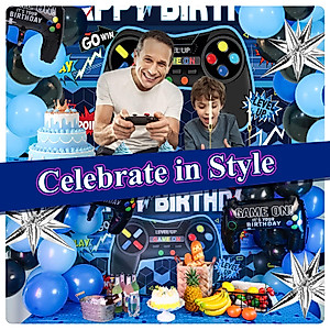 MCPINKY 70PCS Video Game Birthday Decorations, Balloon Arch Garland Kit with Table Covers Video Game Backdrop Foil Gamer Balloons for Birthday Party