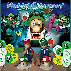 Luigi Mansion Backdrop for Birthday Party Supplies ,1 Happy Birthday Backdrop,18 Ballons for Luigi Mansion Baby Shower Party Decorations, 5 x 3FT Birthday Banner for Girls Boys Party Decorations