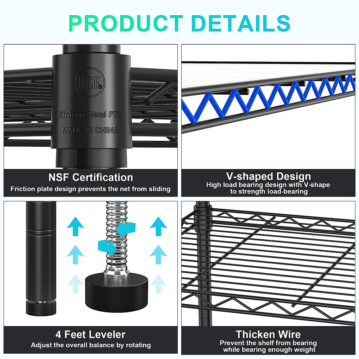 Dolonm 5-Tier Storage Shelves Wire Shelving Unit, 1750 LBS NSF Height Adjustable Shelves Organizer, 16" L x 36" W x 72" H, Heavy Duty Metal Garage Shelving for Restaurant, Kitchen, Laundry, Black