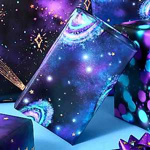 Dtiafu Galaxy Wrapping Paper for Girls Boys Women Men - 12 Sheets Space Gift Wrap Paper with Solar System Planet Sparks Meteors Constellations Great for Birthday Baby Shower - 20 x 28 Inches Per Sheet
