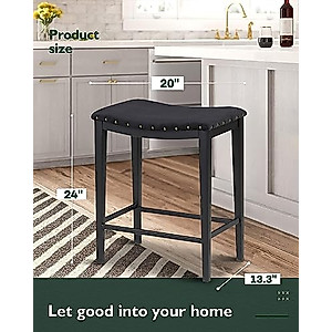 KATDANS Black Bar Stools Set of 2 Counter Height 24 Inches Backless Barstools for Kitchen Counter Modern Saddle Stools Velvet Nailhead Upholstered Stools, KS718PBK, 2Pcs