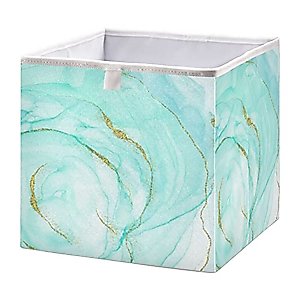 ALAZA Teal Turquoise Marble Fabric Cube Storage Bin,Collapsible Fabric Bins Organizer Foldable Basket For Closet Cabinet Shelf Office,15.75X10.63X6.96In