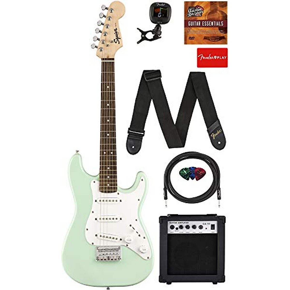 Fender Squier 3/4-Size Kids Mini Strat Electric Guitar - Surf Green Bundle with Amplifier, Instrument Cable, Tuner, Strap, Picks, Fender Play Online Lessons, and Austin Bazaar Instructional DVD