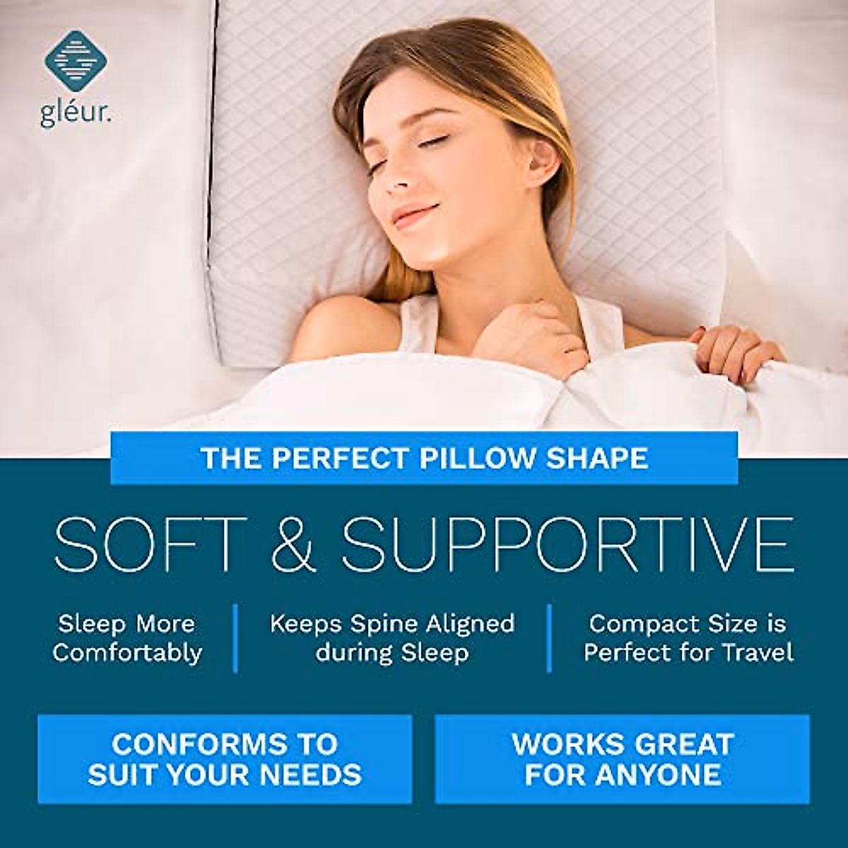 GLEUR Square Pillow for Side Sleepers - Made in USA, Cooling Gel Memory Foam Cushion Cube Pillow - Therapeutic Neck & Shoulder Pain Relief, Cervical Support - Thick Bed Pillow 15"x 12" x 6"