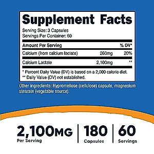 Nutricost Calcium Lactate 2,100mg; 180 Capsules - Vegan, Non-GMO and Gluten Free, 60 Servings
