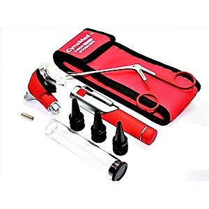 Premium Student Home Use Led Bright Light ENT Diagnostic Otoscope Pocket Size Red Plus Alligator Ear Nose Forceps Plus 1 Extra Replacement Bulb Cynamed