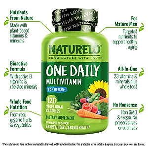 NATURELO Mens Multivitamins for Men 50+ - One Daily Multivitamin for Men with Vitamins, Minerals & Organic Whole Foods, Boost Energy & Health, Non-GMO, 120 Vegetarian Capsules