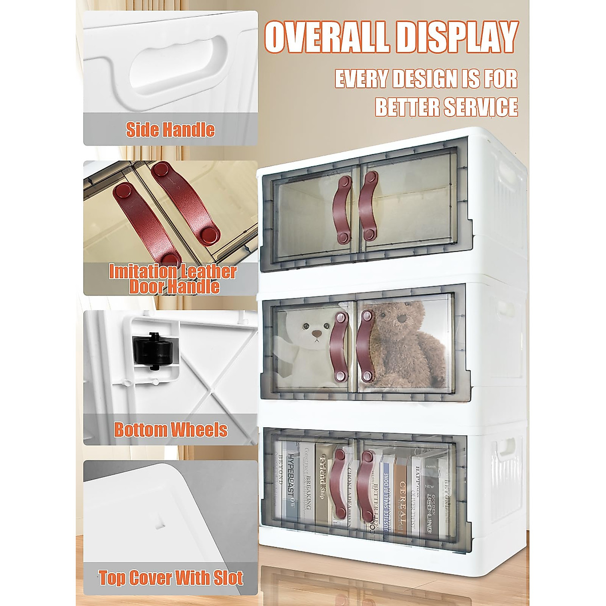 TAOCIGOU 3Pack Storage Bins with Lids And Wheels - Collapsible Stackable Storage Cabinet Box Open Front Closet Organizers and Storage Bins Cloth Plastic Storage Cabinet