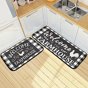 Emelivor Buffalo Plaid Checked Farmhouse Kitchen Mat Set of 2 Anti-Fatigue Kitchen Rug Set Non Slip Foam Cushioned Kitchen Runner Rugs and Mats Comfort Standing Mat for Farmhouse Doormat Laundry