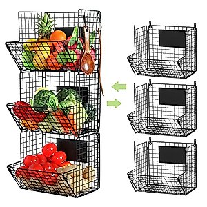 X-cosrack Metal Wire Basket Wall Mount, 3 Tier Wall Storage Basket Organizer with Hanging Hooks Chalkboards, Rustic Kitchen Fruit Produce Bin Rack Bathroom Tower Baskets (Black)