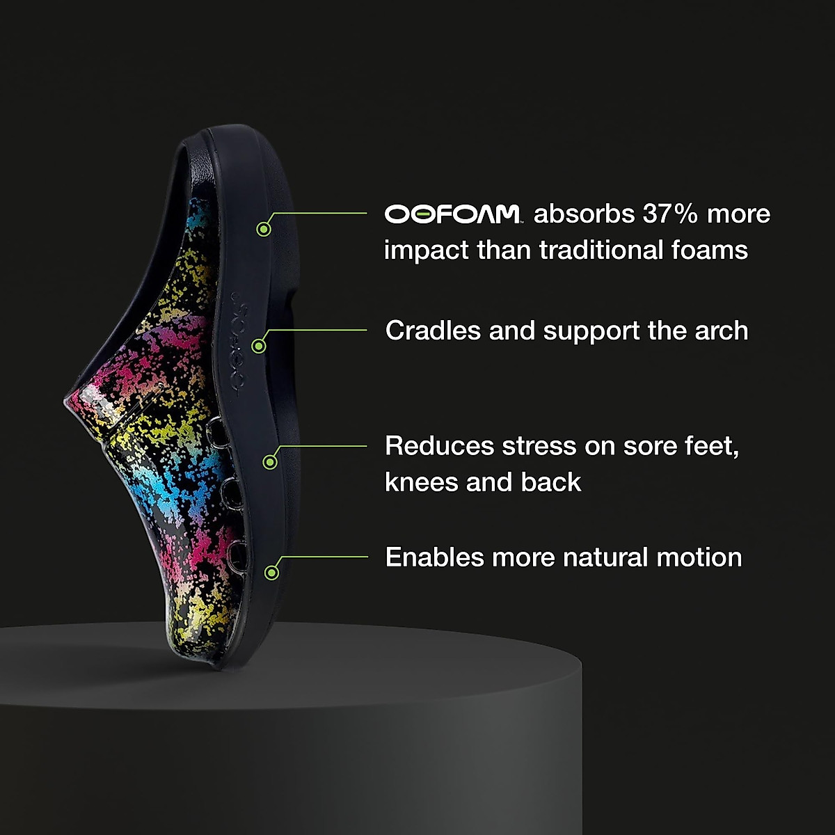 OOFOS Unisex OOcloog, 80s Arcade Black - Women’s Size 6 - Lightweight Recovery Footwear - Reduces Stress on Feet, Joints & Back - Machine Washable