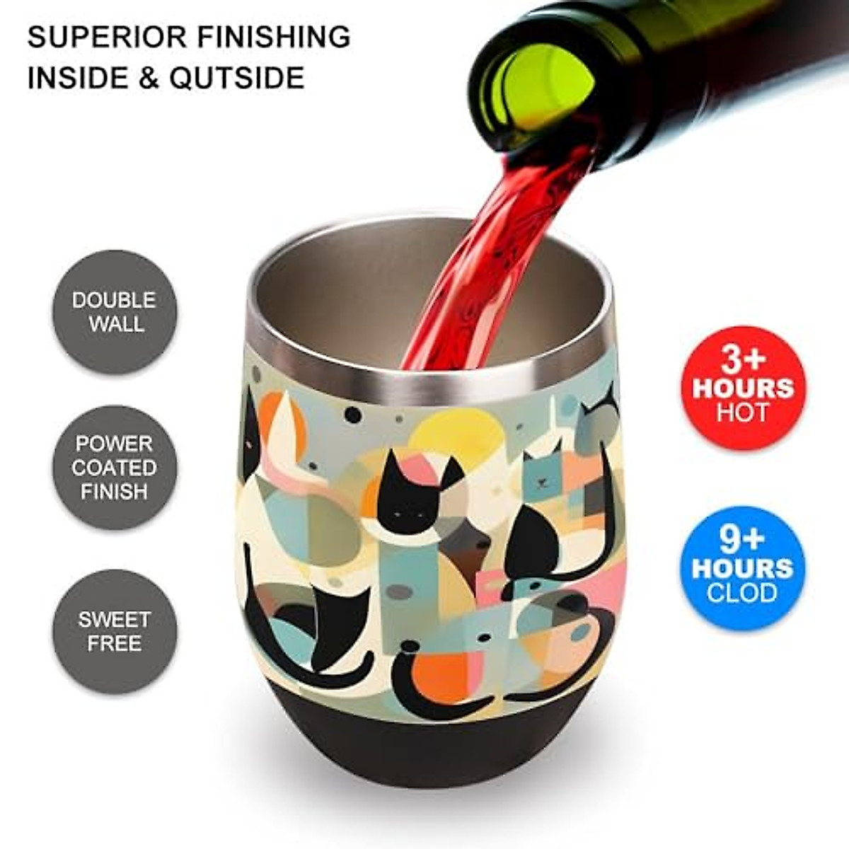 Stainless Steel Insulated Cup, Mid-Century Modern Art Cat Print 304 Stainless Steel, Smooth Round Rim Ideal for Office, Home, And Gift Giving