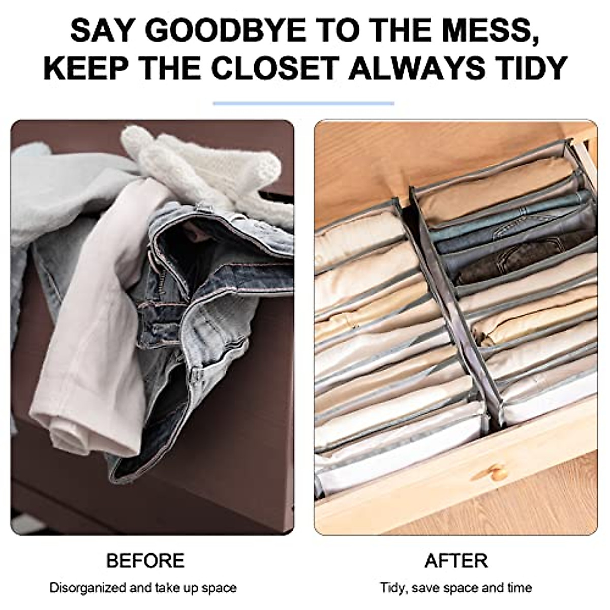 RONGRONG 2 Packs Wardrobe Clothes Organizer, Washable Jeans Compartment Storage Box, Foldable Visible Wardrobe Closet Drawer Organizer for Jeans and Leggings (2PCS (7 Grids+7 Grids))