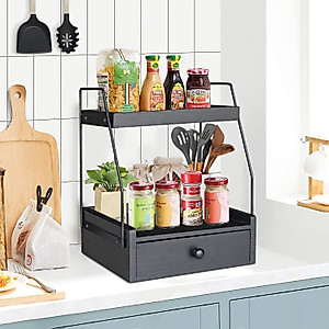 Rustic 2 Tier Coffee Bar Accessories Organizer Countertop, Coffee Station Organizer with Drawer, Coffee Pods Holder Condiment Organizer, Wood Countertop Shelf for Kitchen Spice Bathroom Organizer