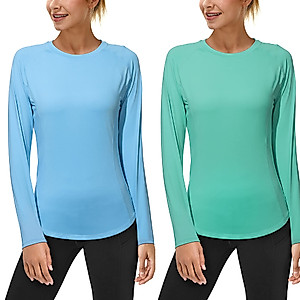 (Size:L) 2 Pack Womens Long Sleeve UV Sun Shirts UPF 50+ Workout Swim Rash Guard Tops